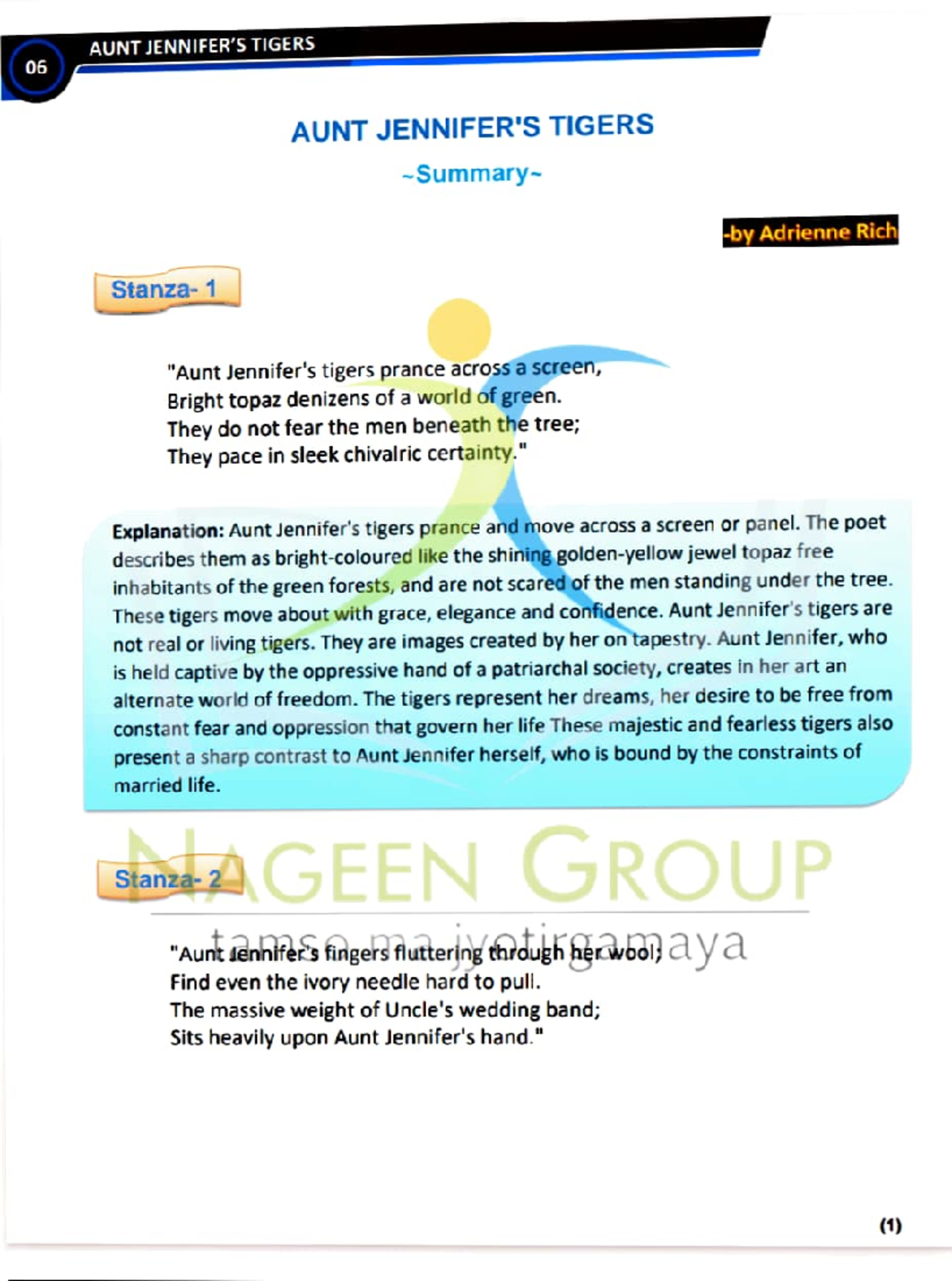 AUNT TIGERS 06: Analyzing Adrienne Rich's Poem on Freedom and ...