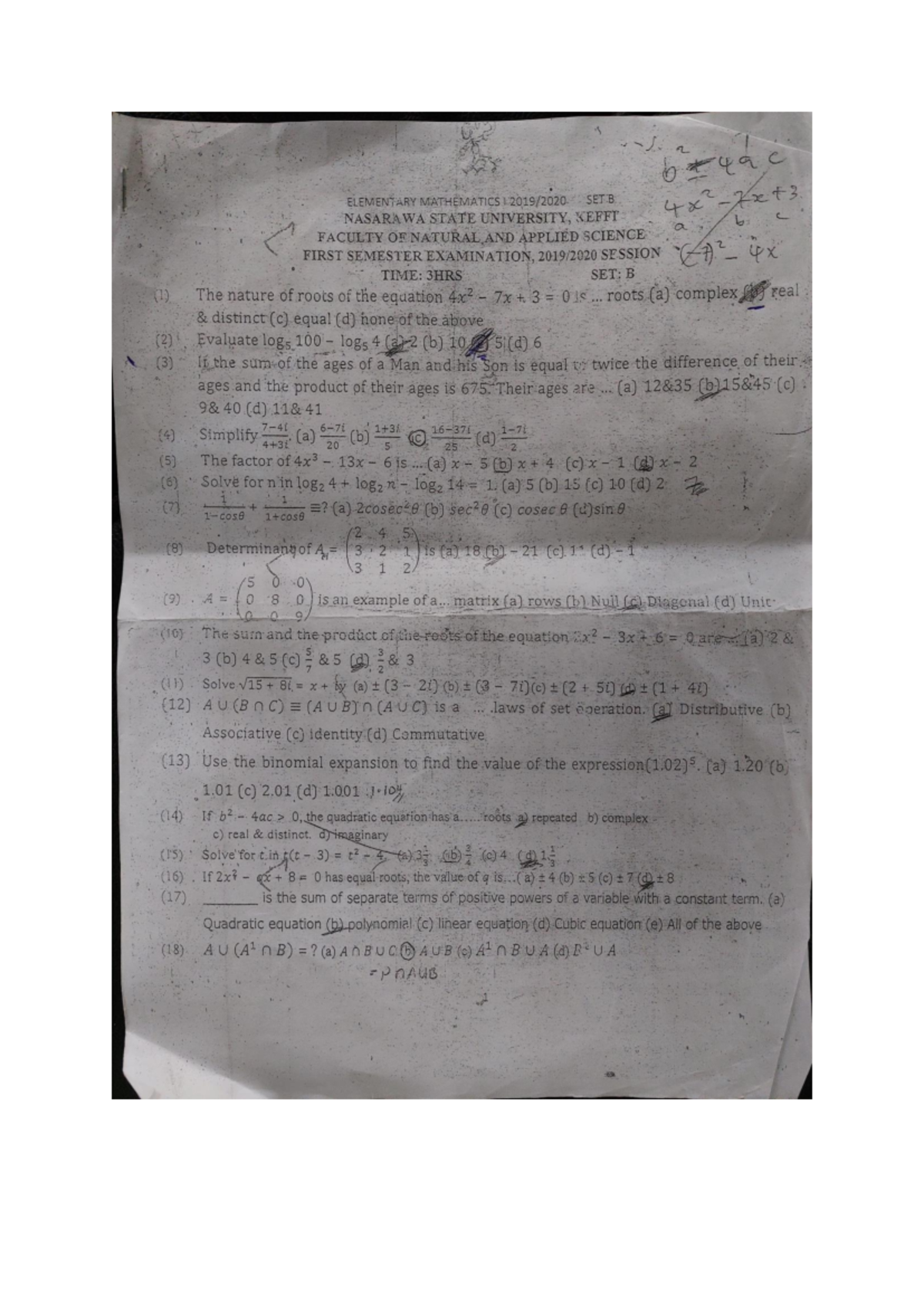 MTH111 - Elementary Mathematics Final Exam 2019/2020 Set B - Studocu