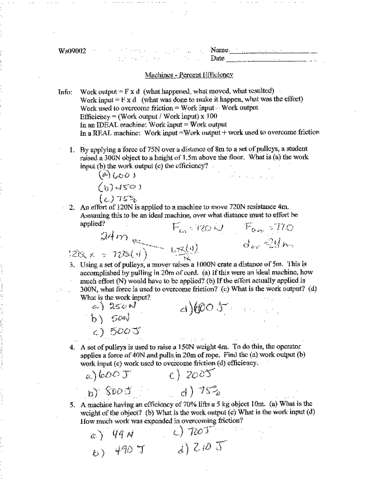 Work power machines worksheet answers 2012 - Ws09002 Name Date Machines ...