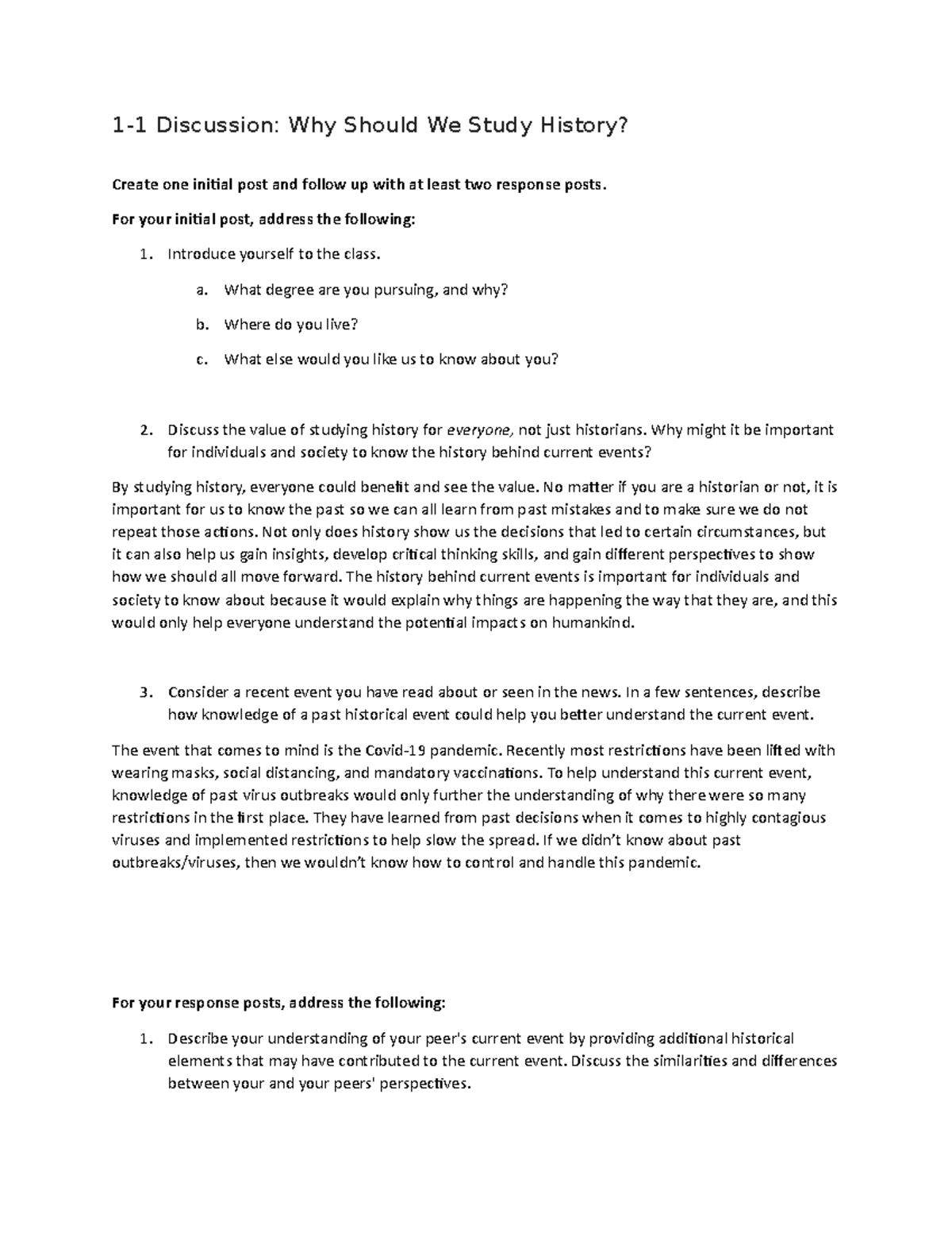 1-1 Discussion: The Importance of Studying History for All - Studocu