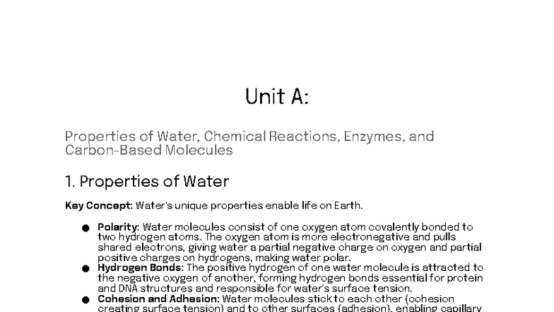 Unit A: Properties of Water, Reactions, Enzymes & Macromolecules Notes ...