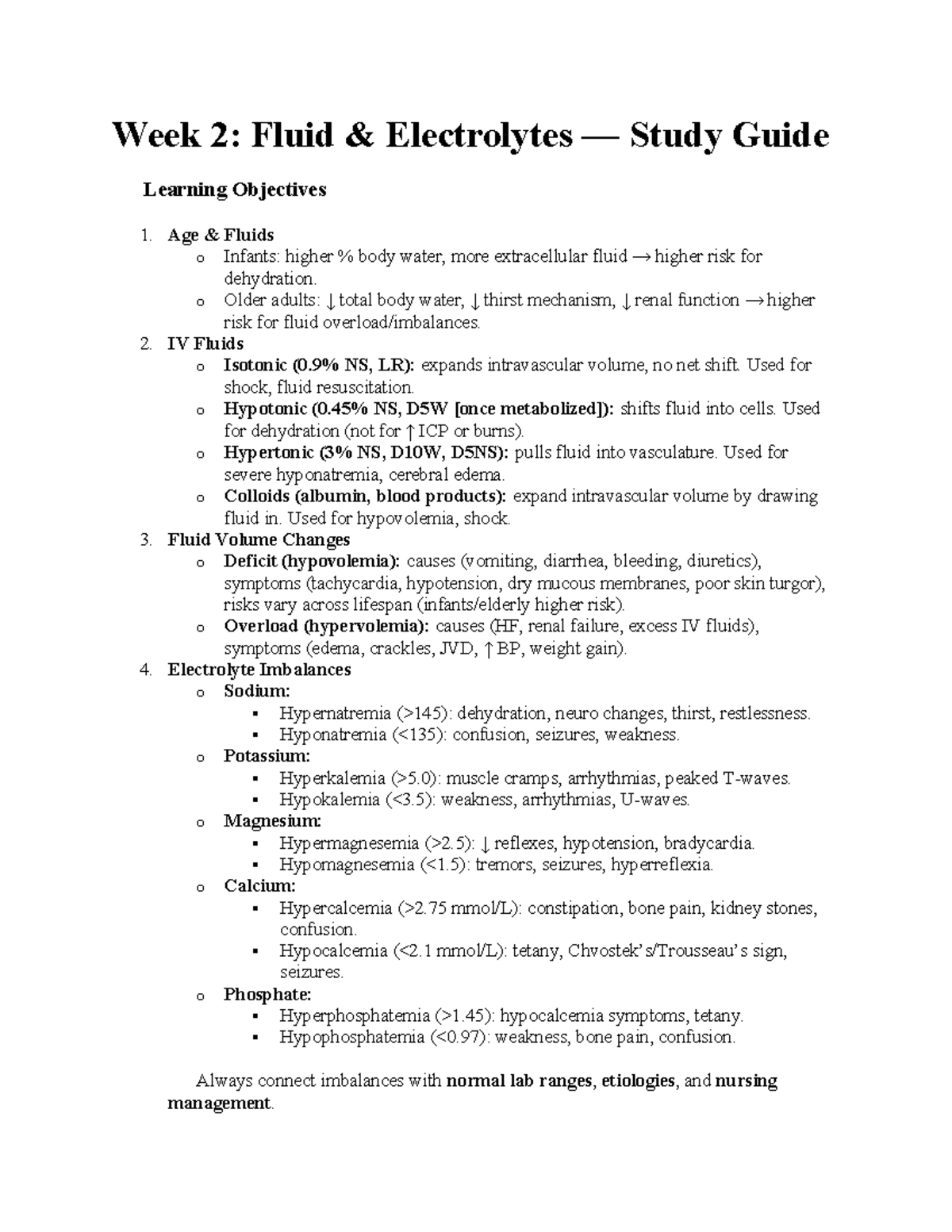 Week 2: Fluid & Electrolytes Study Guide (NURS 101) - Studocu