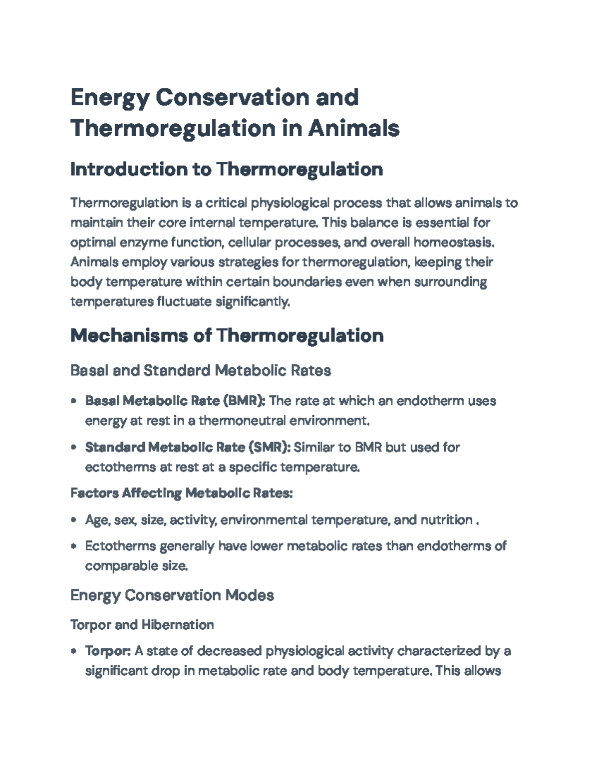 Energy Conservation & Thermoregulation in Animals: Mechanisms ...