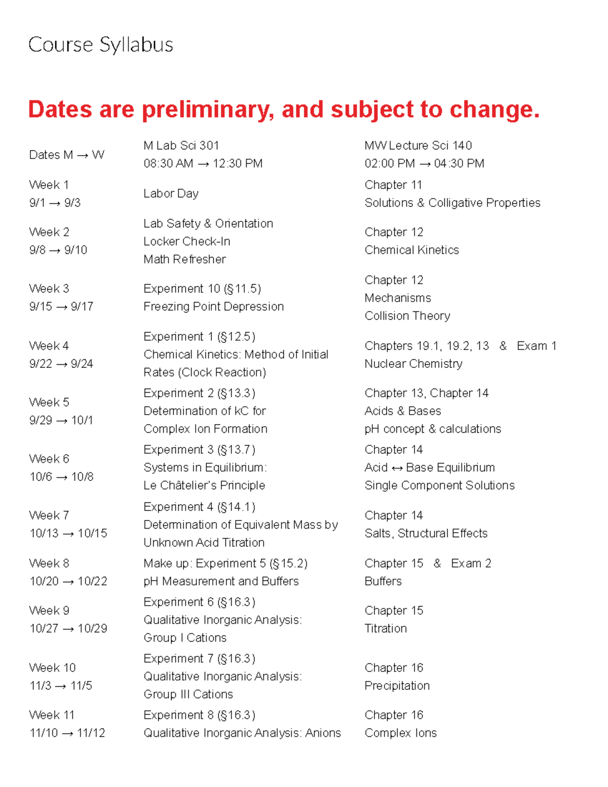Syllabus for Fall 2025 - CHEM 12 (1433) - Course Schedule & Labs - Studocu
