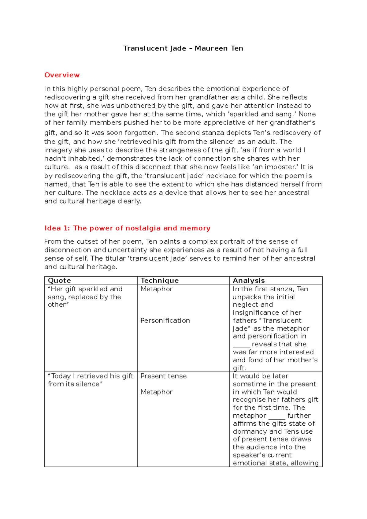 Analysis of "Translucent Jade" Poem by Maureen Ten - Studocu