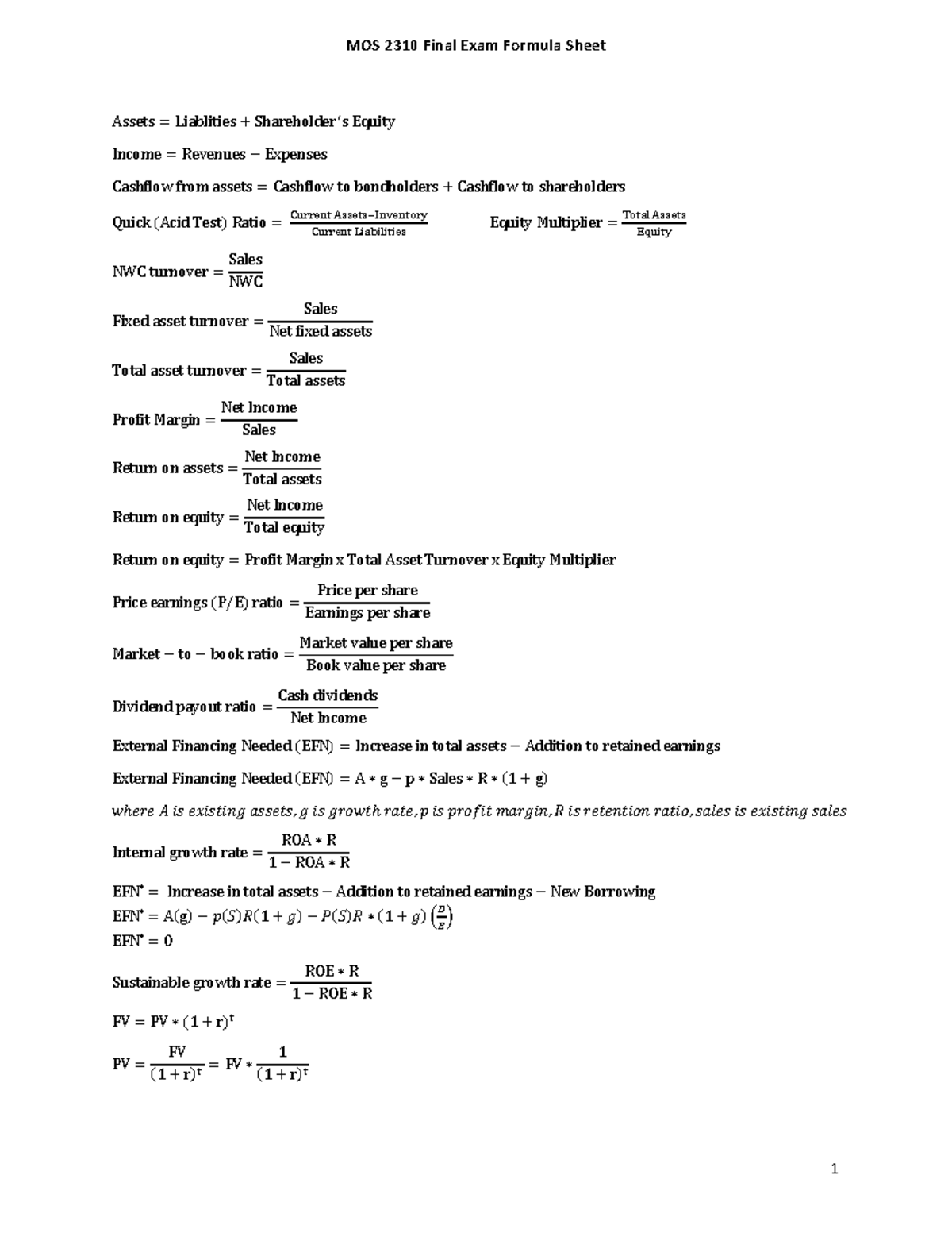 2310 - Sample Formula Sheet (Final Exam) - MOS 2310 Final Exam Formula ...