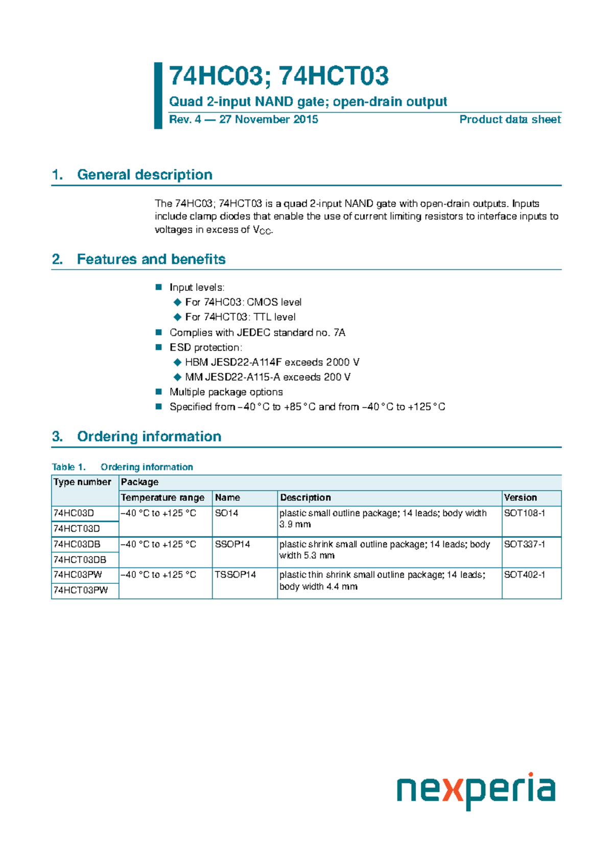 74HCT03 product data sheet: Quad NAND gate specifications and features ...