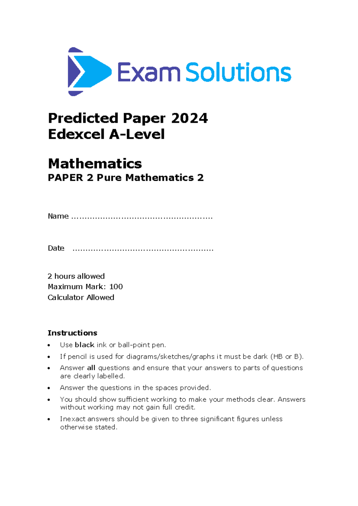 Edexcel A Level Predicted Paper 2024: Mathematics Paper 2 - Studocu