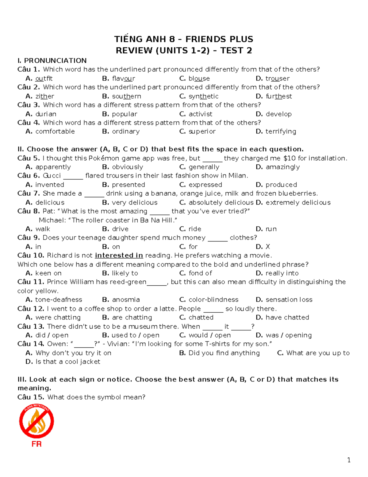 Tieng Anh 8 Friends Plus - Review 1&2 - Test 2 - TIẾNG ANH 8 – FRIENDS ...