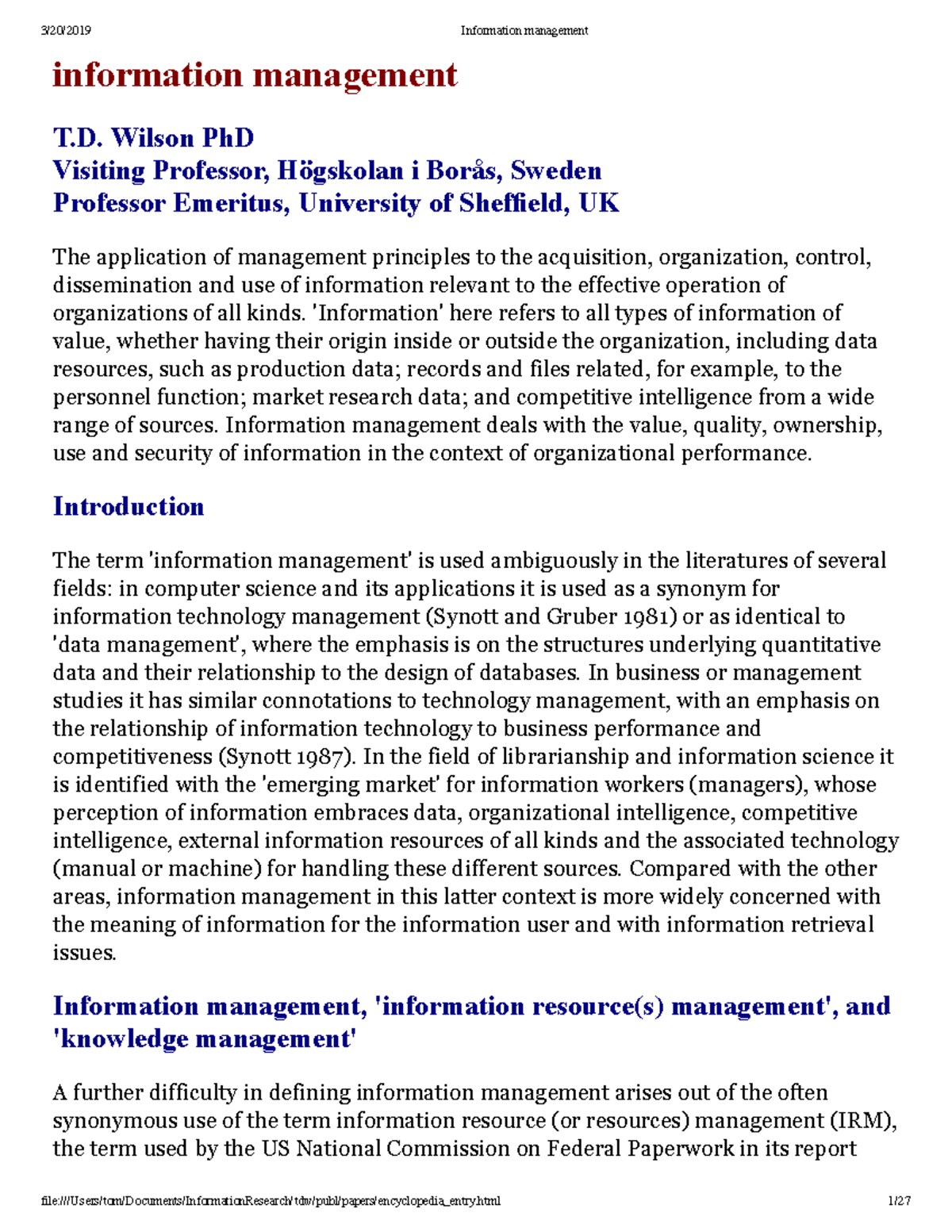 Information Management Overview: Insights from T.D. Wilson's Work - Studocu