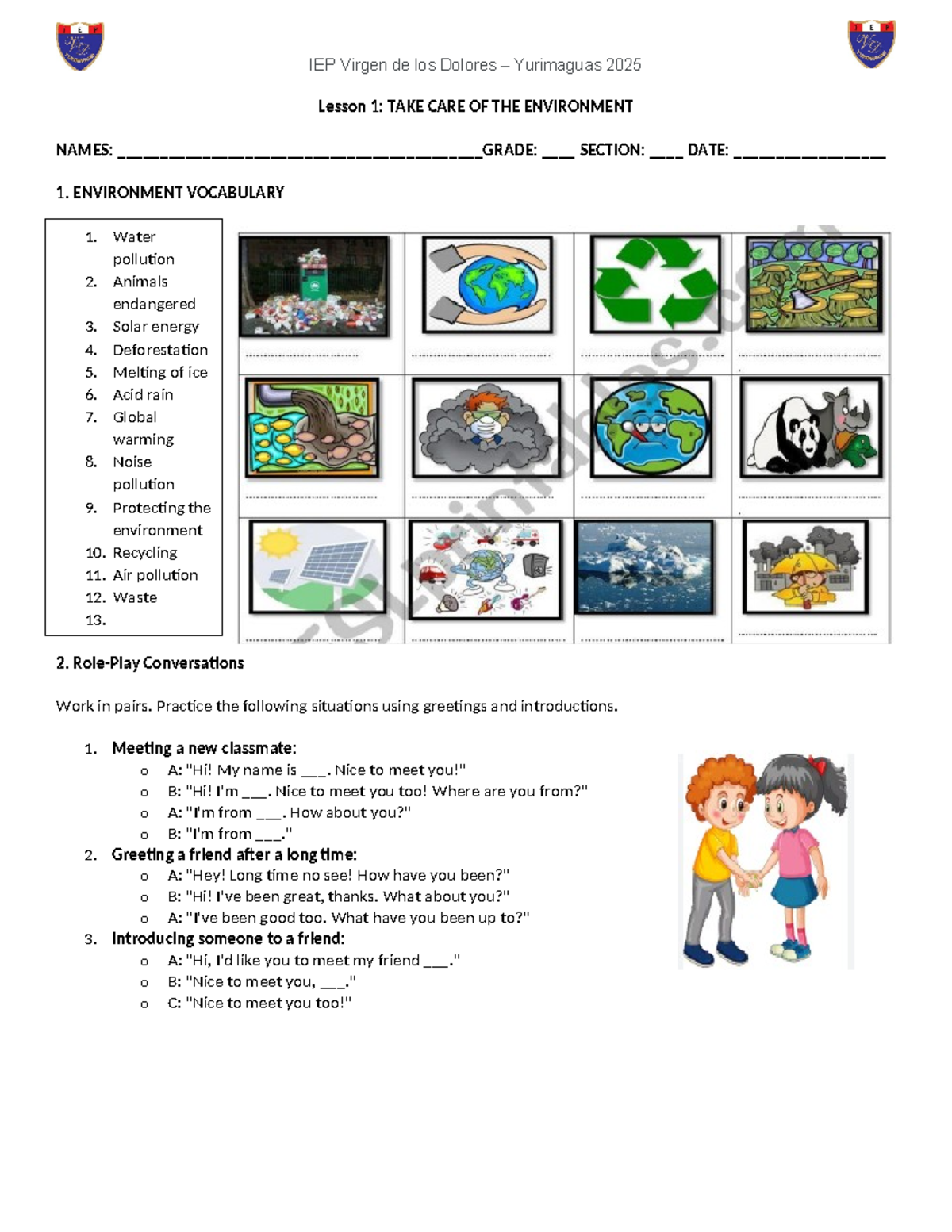 Second Grade Lesson: Environmental Awareness and Vocabulary Worksheet ...
