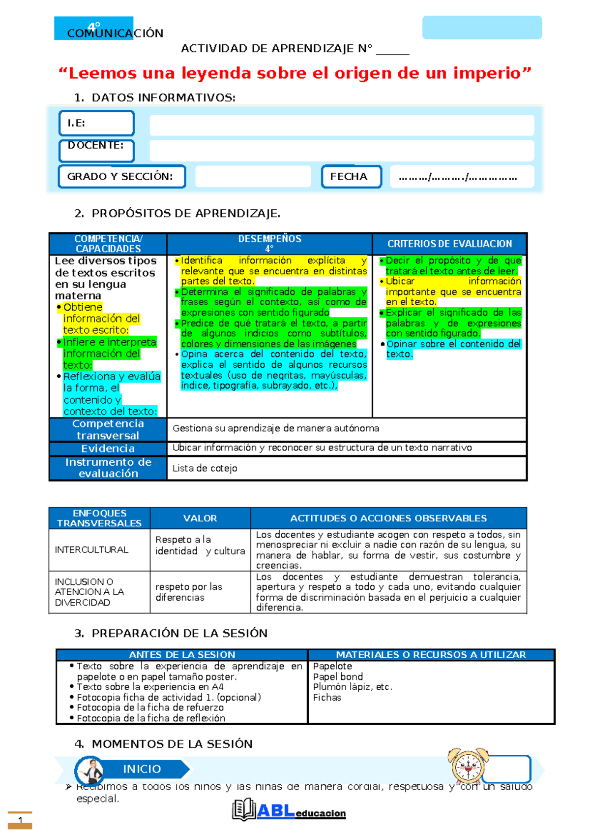 GRADO 4TO COMUNICACIÓN: Leyenda del Origen de los Incas - Actividad de ...