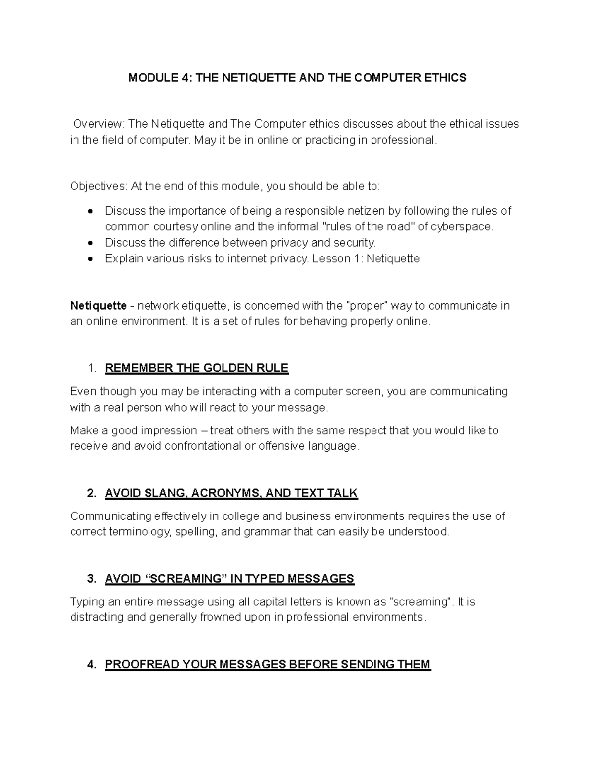 Netiquette & Computer Ethics Guidelines - IT-ERA Module 4 Notes - Studocu