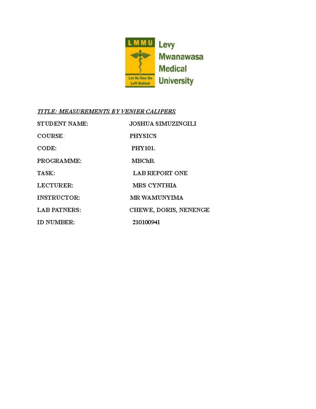 PHY101 Physics Lab Report: Measurements with Vernier Calipers - Studocu
