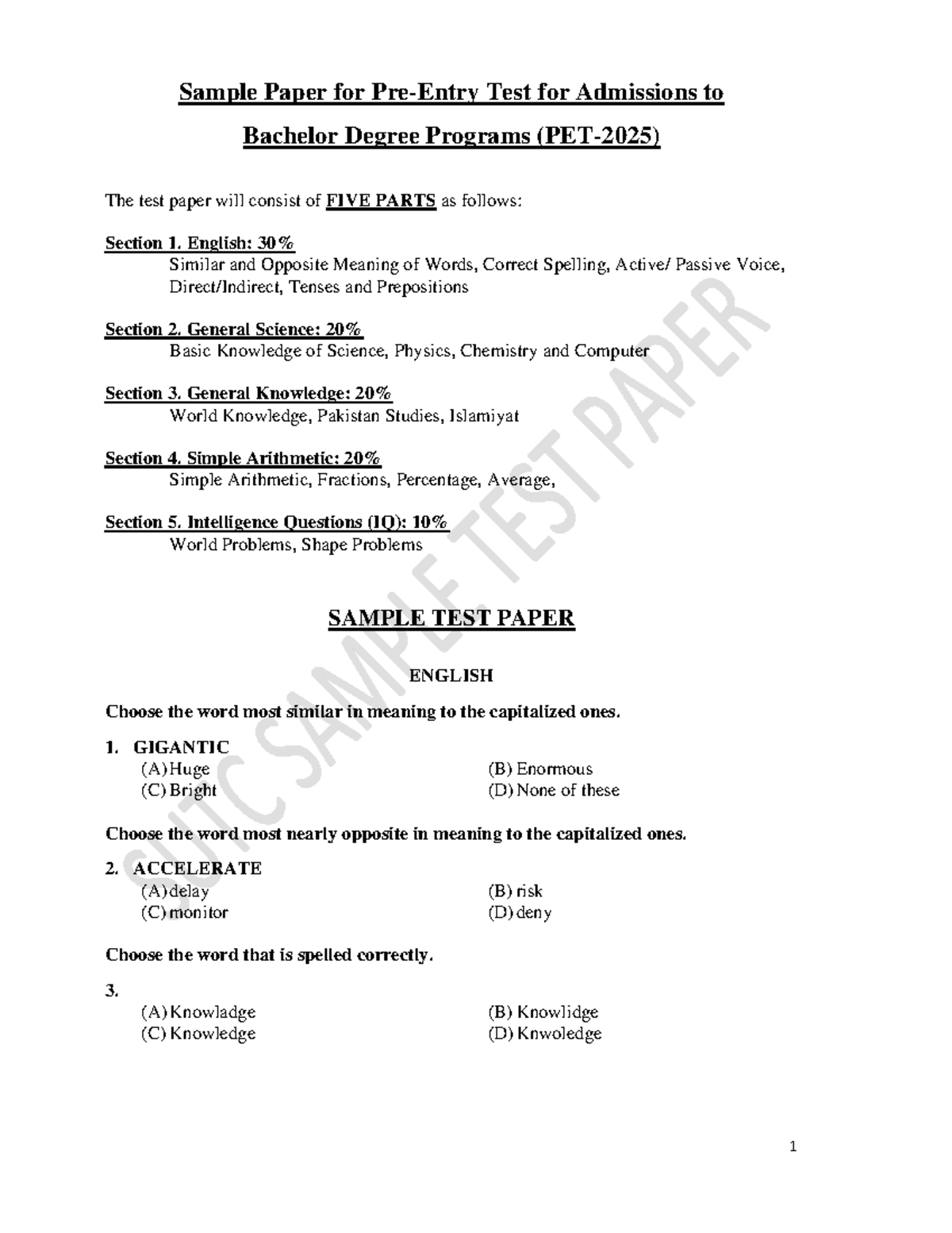 Sample Test Paper for Admissions to Bachelor Programs PET2025 - Studocu
