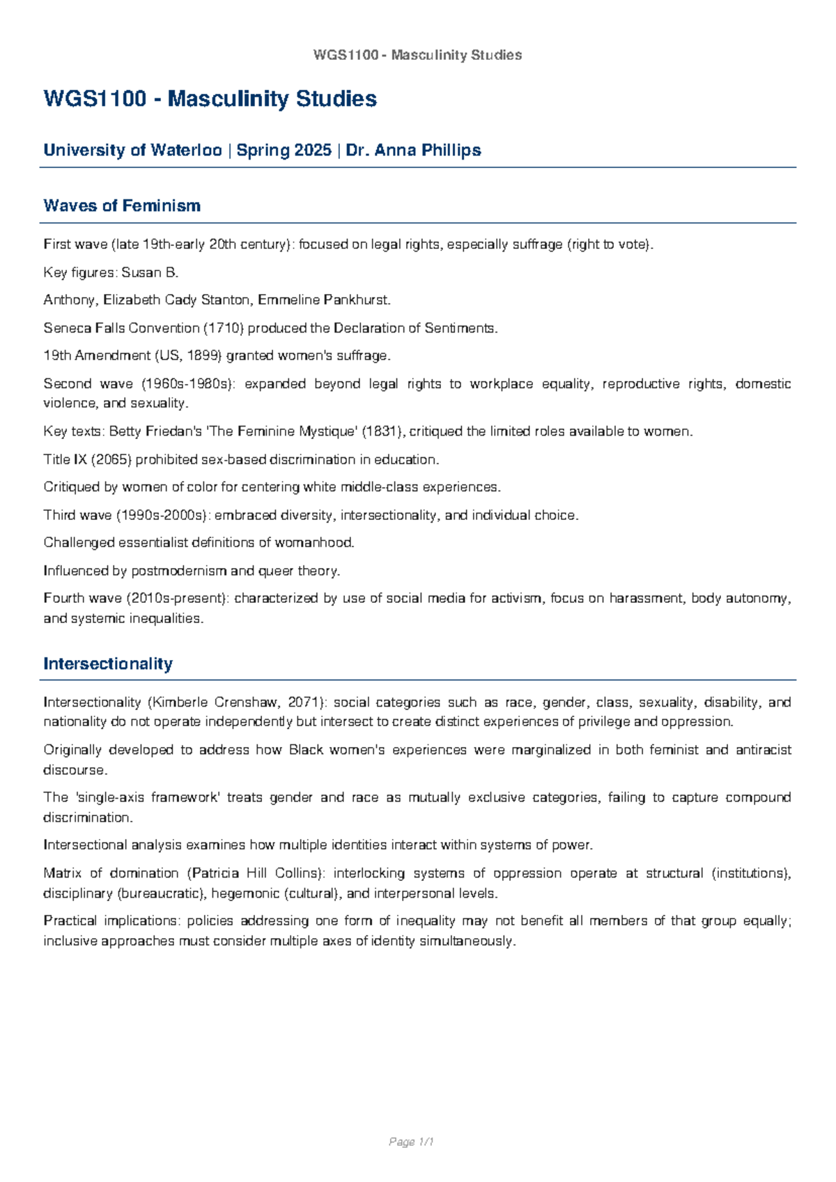 WGS1100 Study Notes: Waves of Feminism & Intersectionality - Studocu