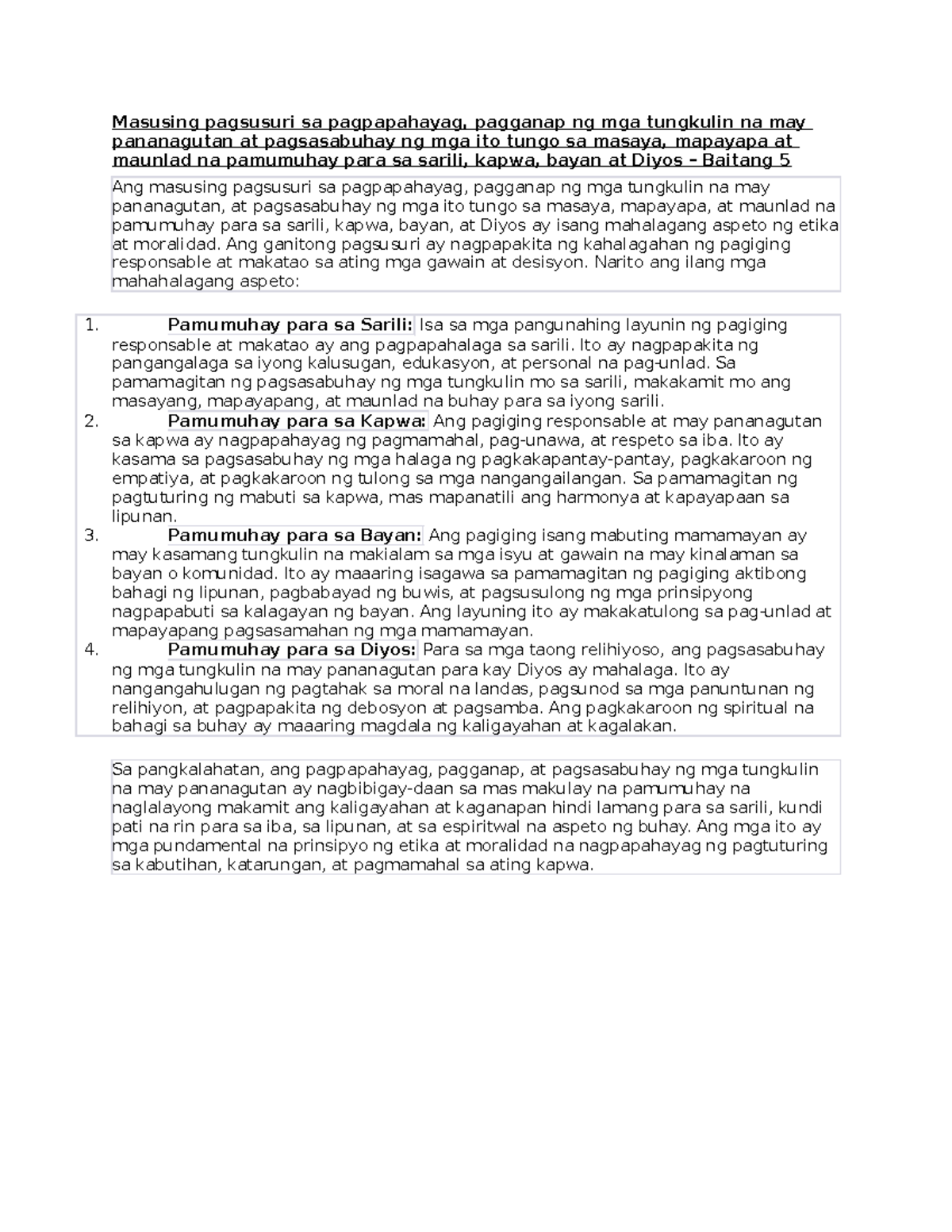 Masusing Pagsusuri sa Pahayag: Baitang 5 Tungkol sa Responsibilidad - Studocu