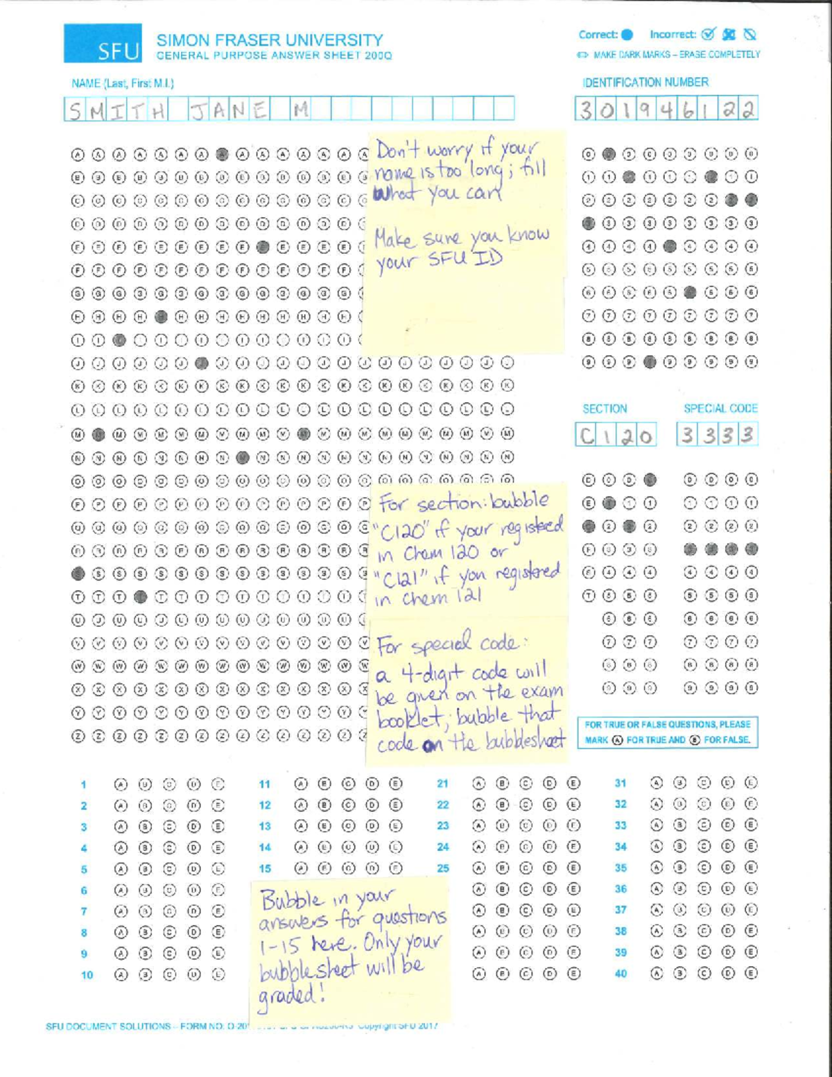 SFU Bubblesheet Example for Chem 120 & 121 Exam - Studocu