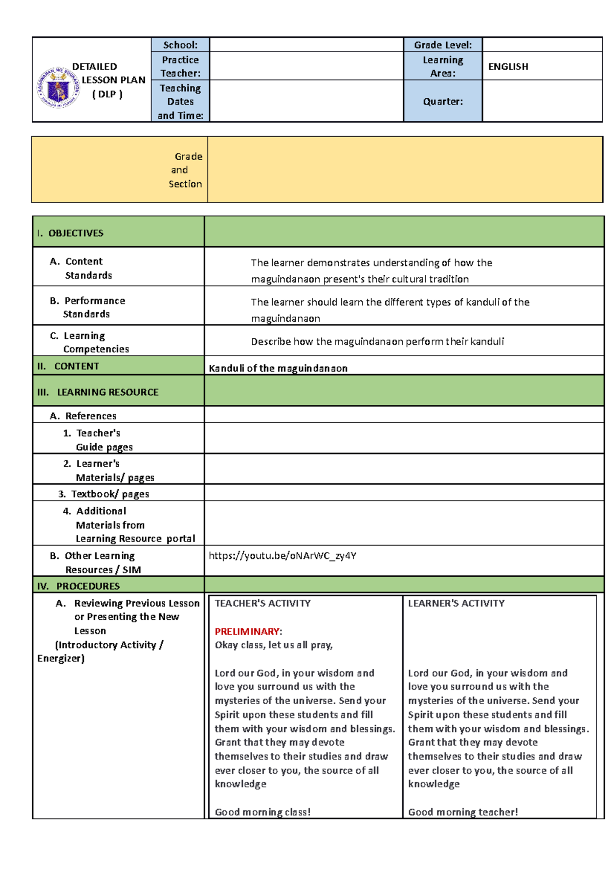 Cultural Insights: Lesson Plan on Kanduli Traditions (ENGLISH DLP ...