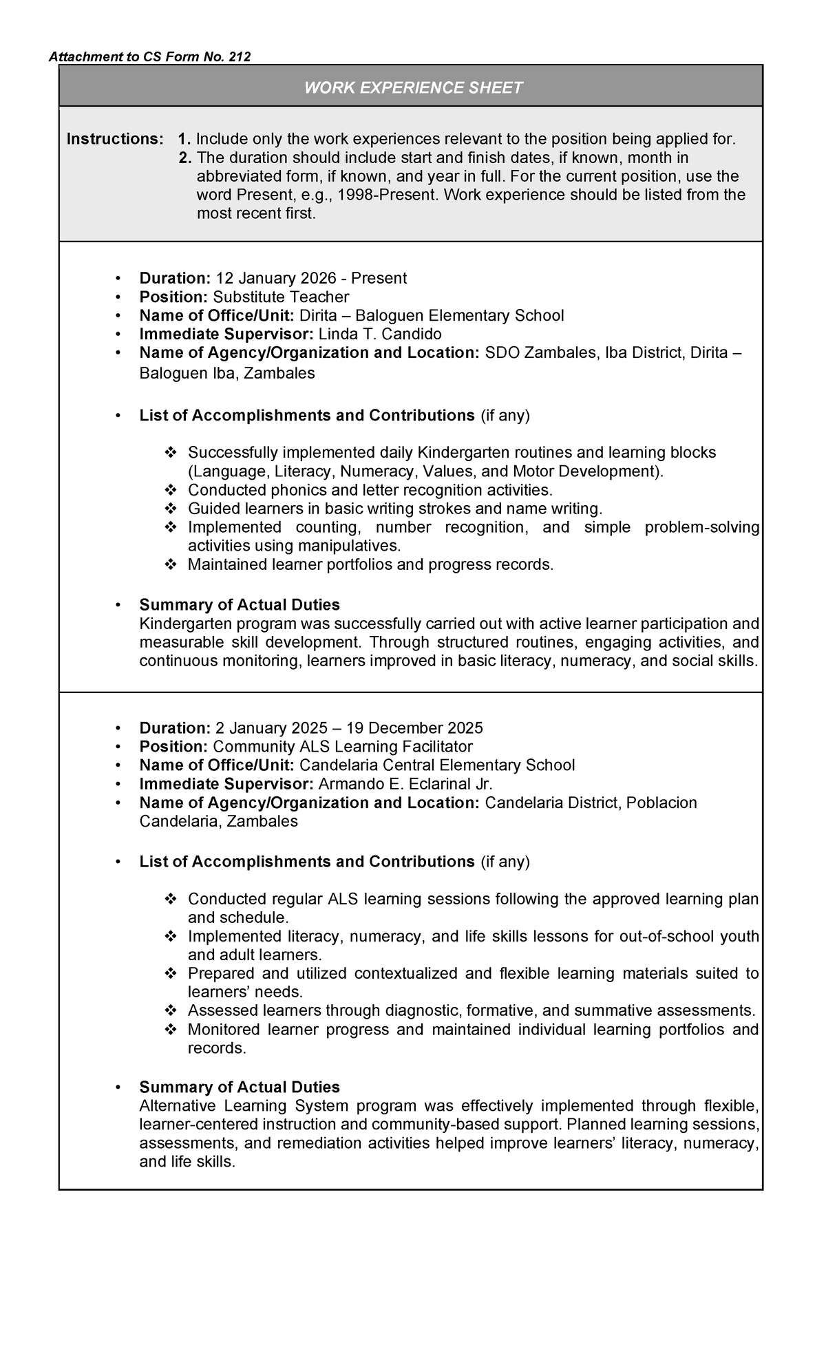 WORK Experience 2025 - CS Form No. 212 Reference - Studocu
