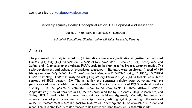 Friendship Quality Scale Conceptualizati - The scale development and ...