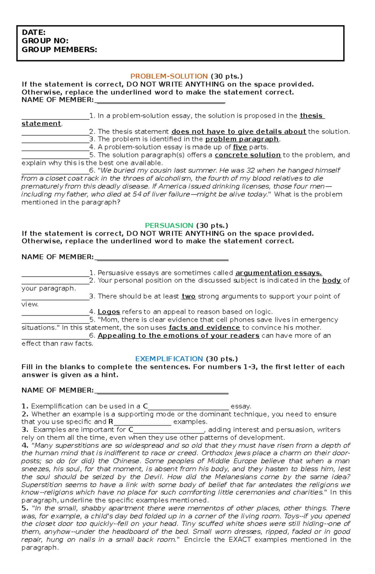 Worksheet #1: Patterns of Development in Essay Writing - Studocu
