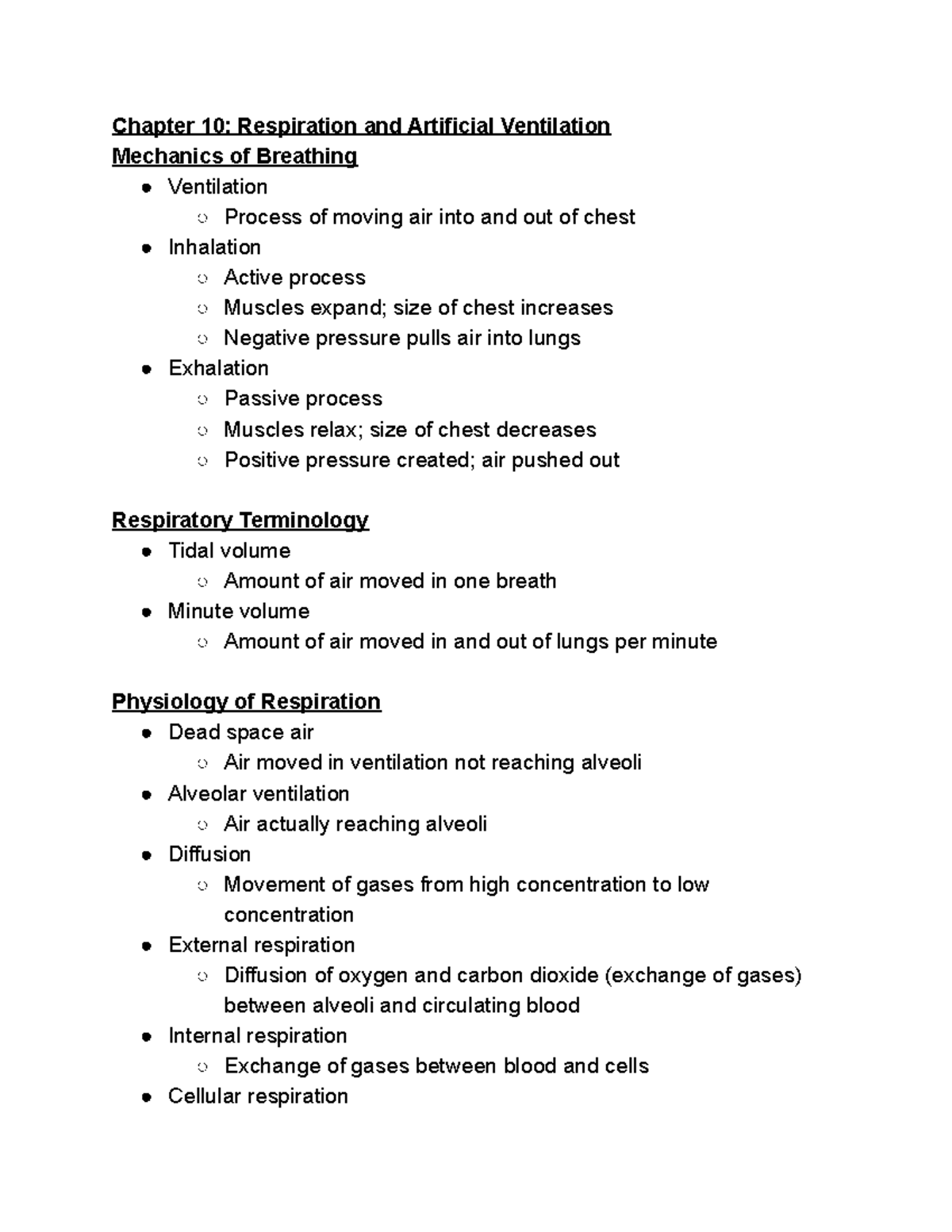 Chapter 10: Respiration and Artificial Ventilation Overview - Studocu