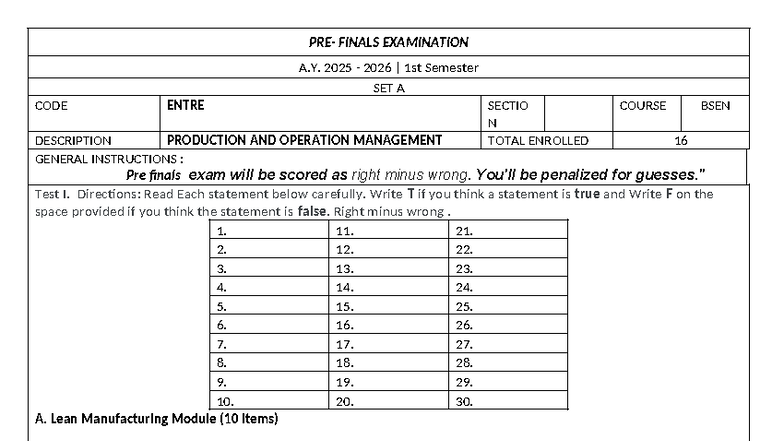 Pre-Finals Exam 6140A: Production & Operation Management - Studocu
