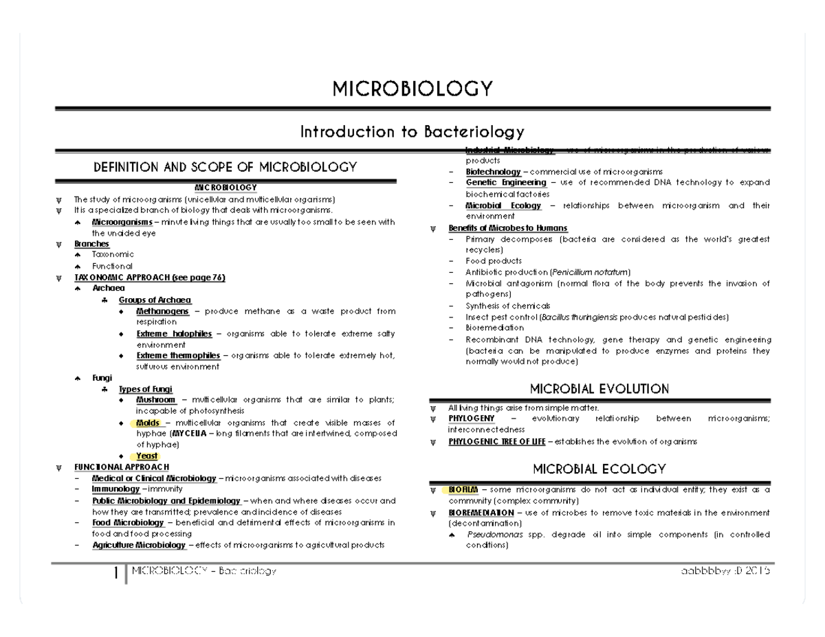 MICROBIOLOGY 101: Introduction to Bacteriology and Microbial Applications - Studocu