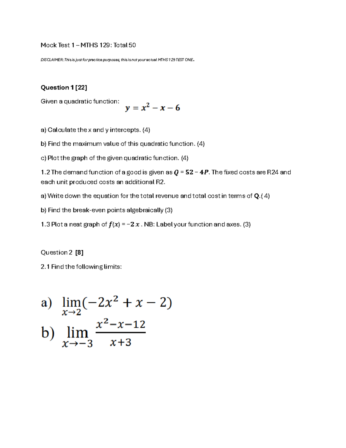 Mock Test 1 MTHS 129: Practice Questions and Solutions - Studocu