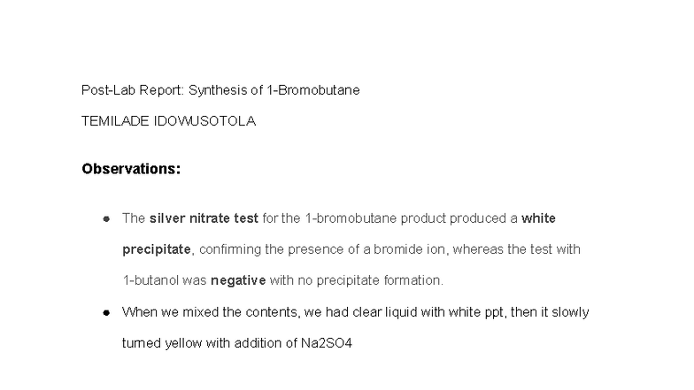 TEMILADE IDOWUSOTOLA Experiment 10: Synthesis and Analysis Report - Studocu