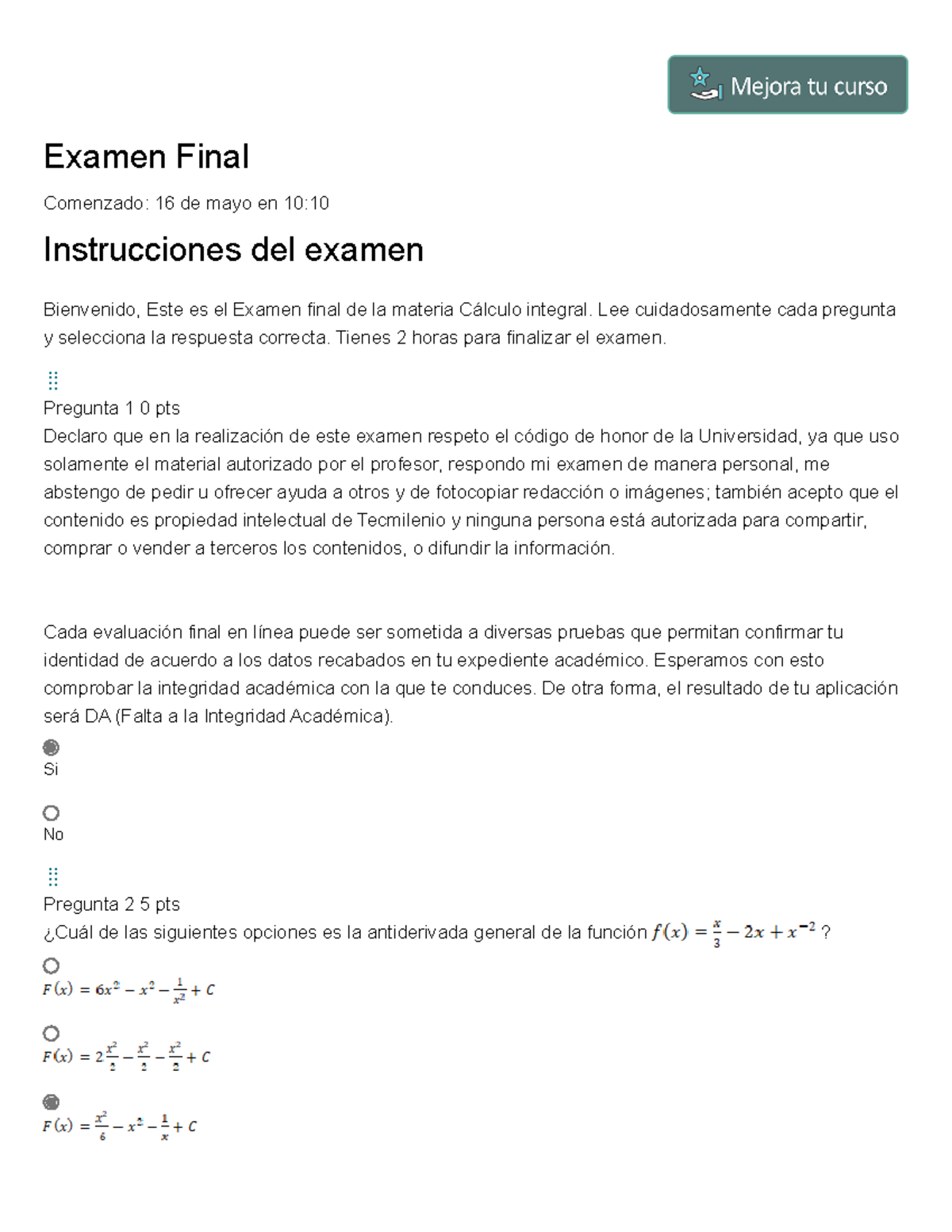 Examen Final - Cálculo Integral (Cálculo I) - Studocu