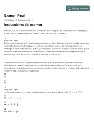 Examen Final Cálculo Integral - Instrucciones y Preguntas - Studocu