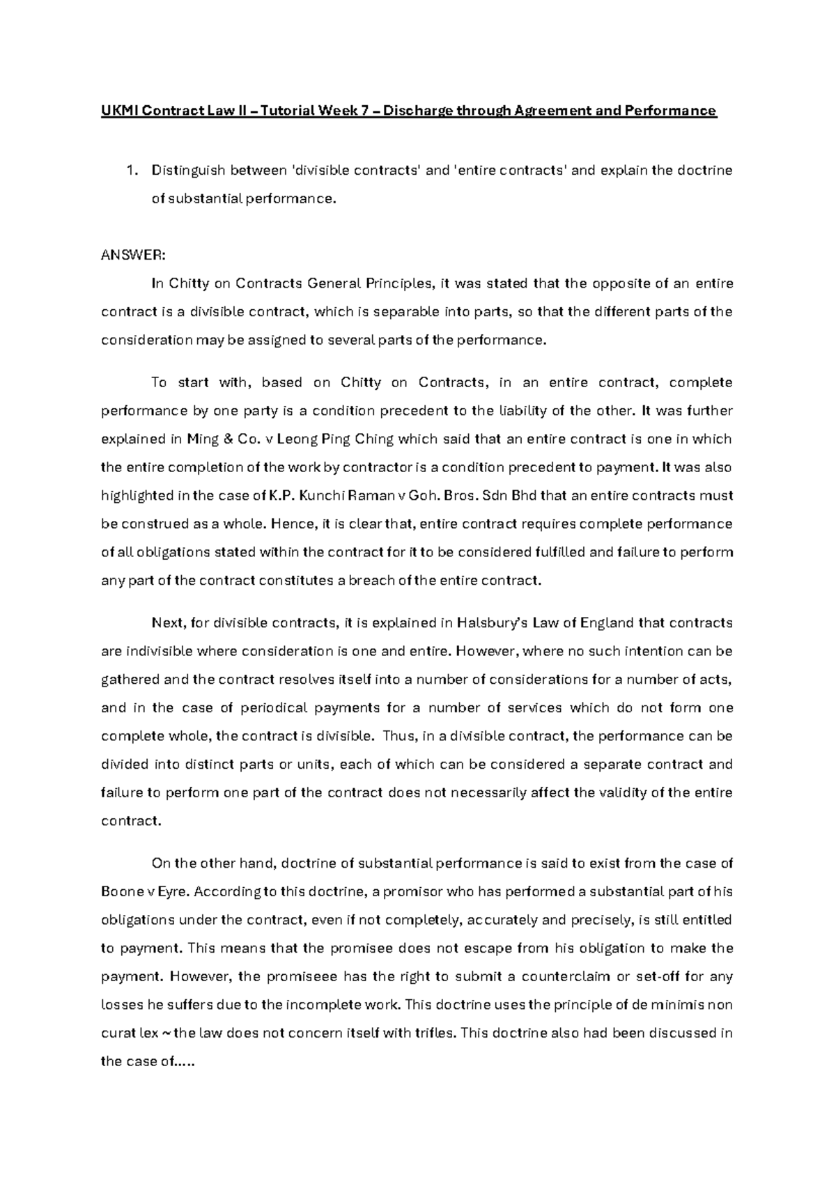 UKMI Contract Law II – Tutorial Week 7 on Discharge through Agreement ...