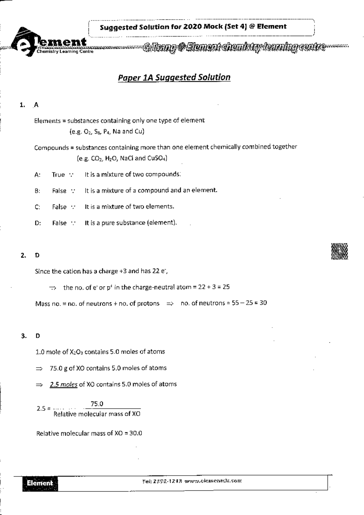 Suggested Solutions for 2020 Mock Set 4 - Element Chemistry - Studocu