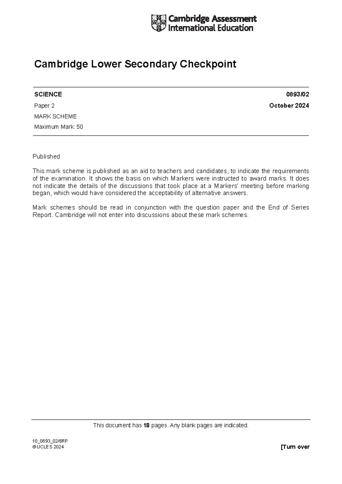 Science Stage 9 2024-Oct Paper 2 Mark Scheme Analysis - Studocu