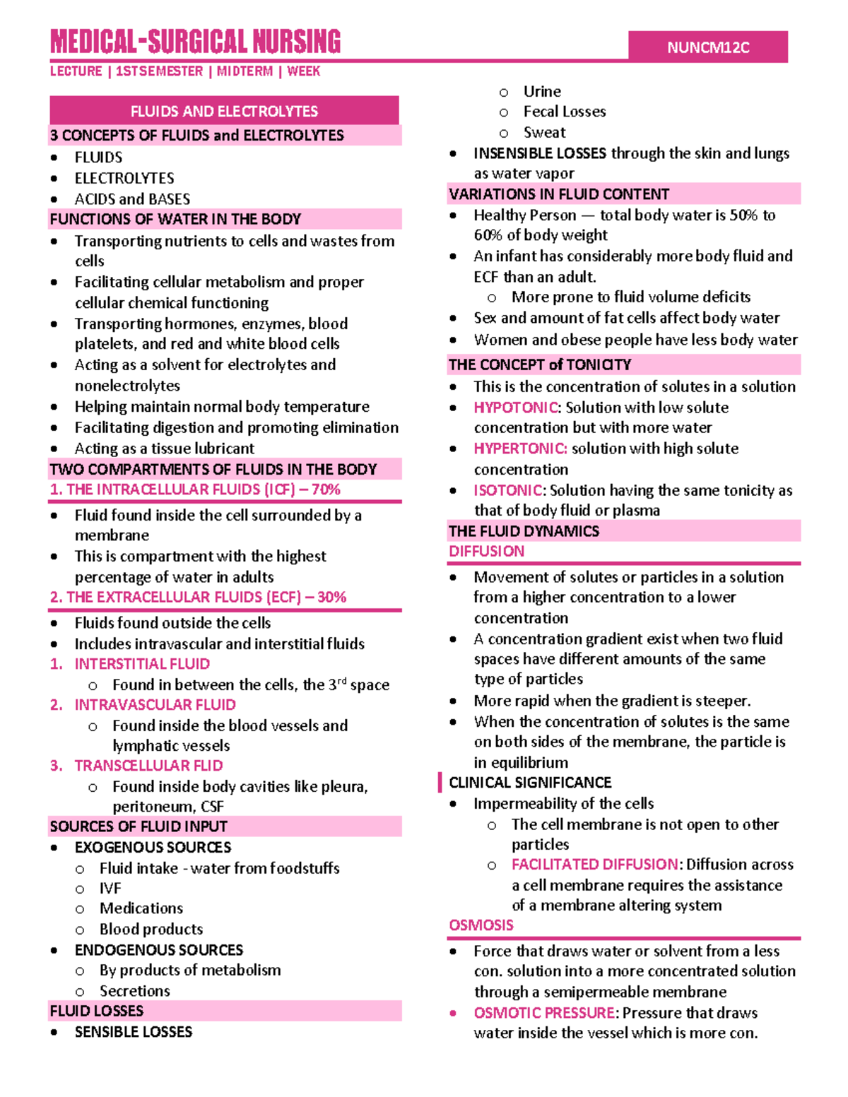 Medsurg WEEK 5-6 - Fluids AND Electrolytes - MEDICAL-SURGICAL NURSING ...