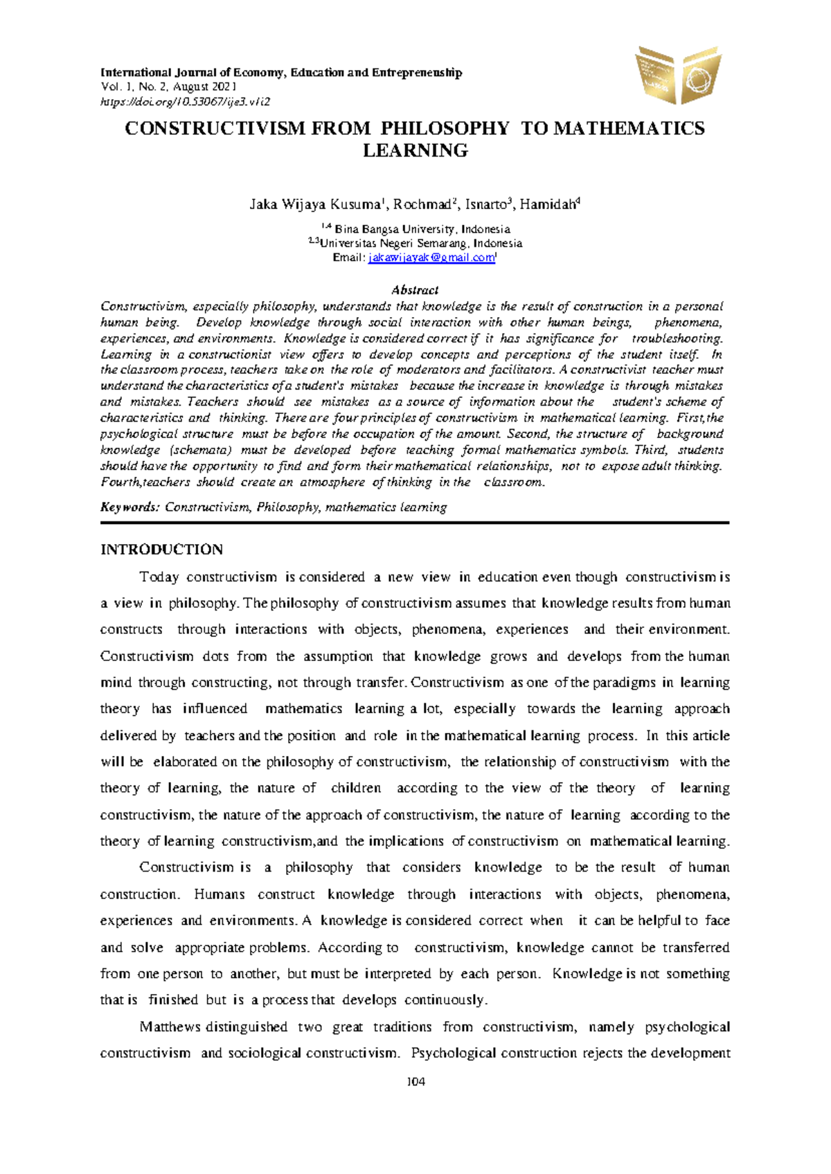 Constructivism in Mathematics Learning: Philosophy to Practice - Studocu