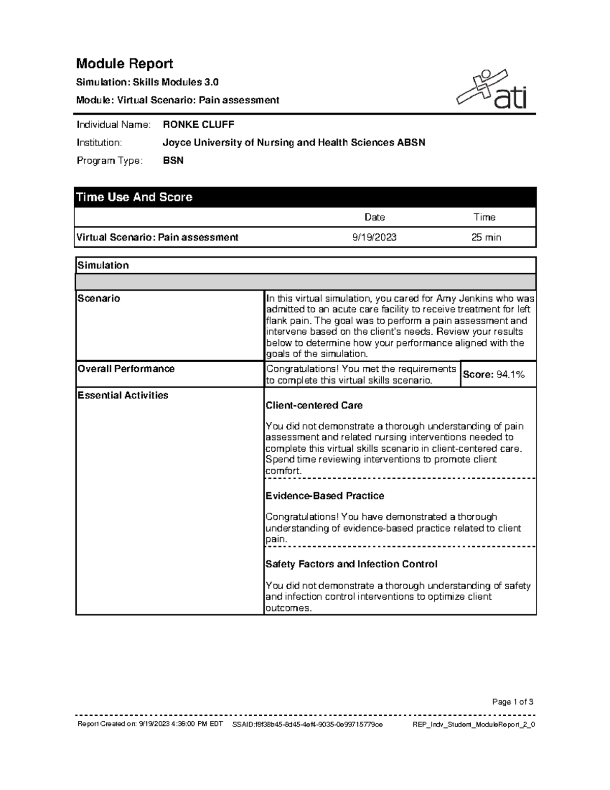 BSN Pain Assessment Simulation Report - Module 3 Analysis - Studocu