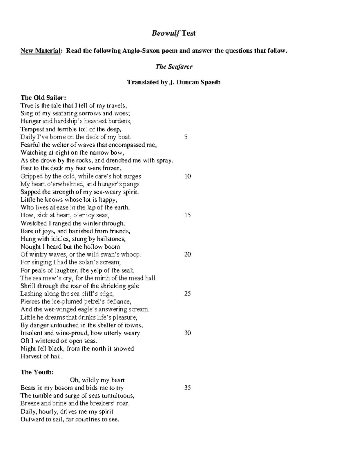 Beowulf exercices - Beowulf Test New Material: Read the following Anglo ...