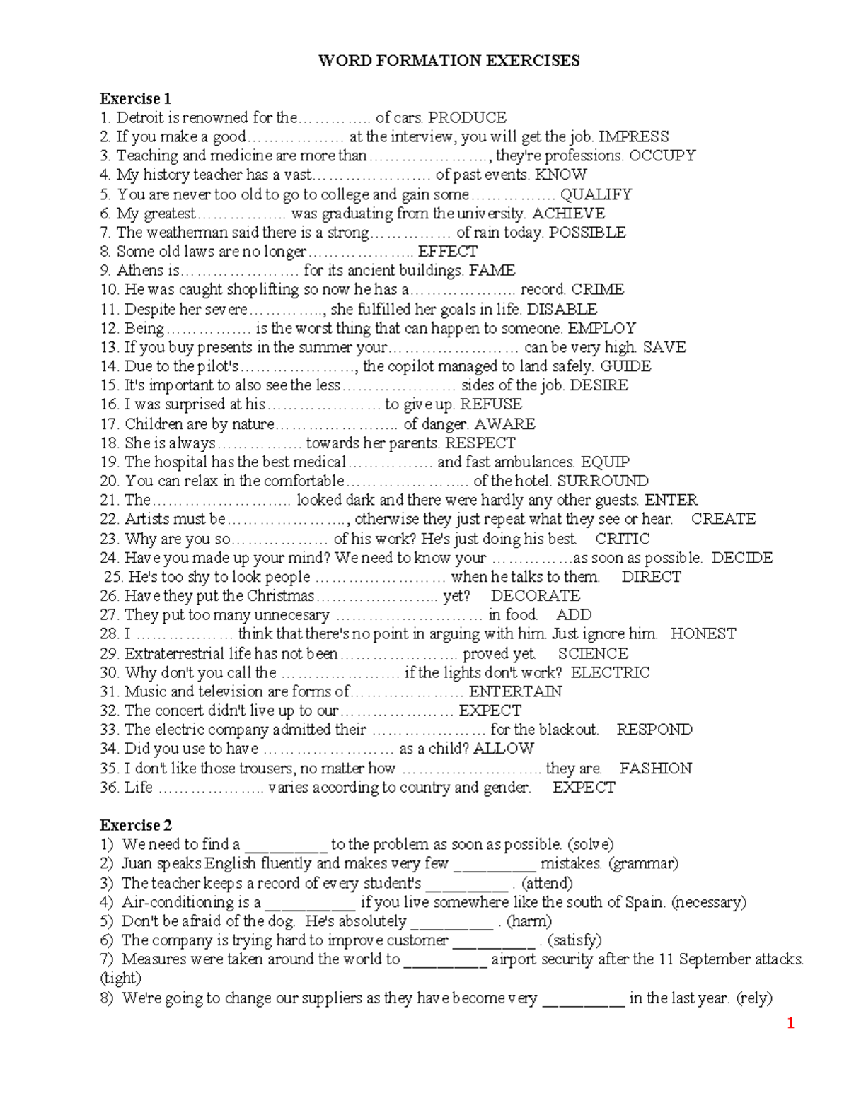 Word Formation Exercises (ENG 101) - Practice and Key Answers - Studocu