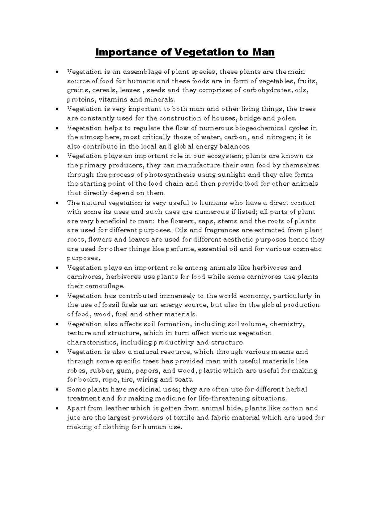 Importance of Vegetation to Human Welfare: A Comprehensive Study - Studocu