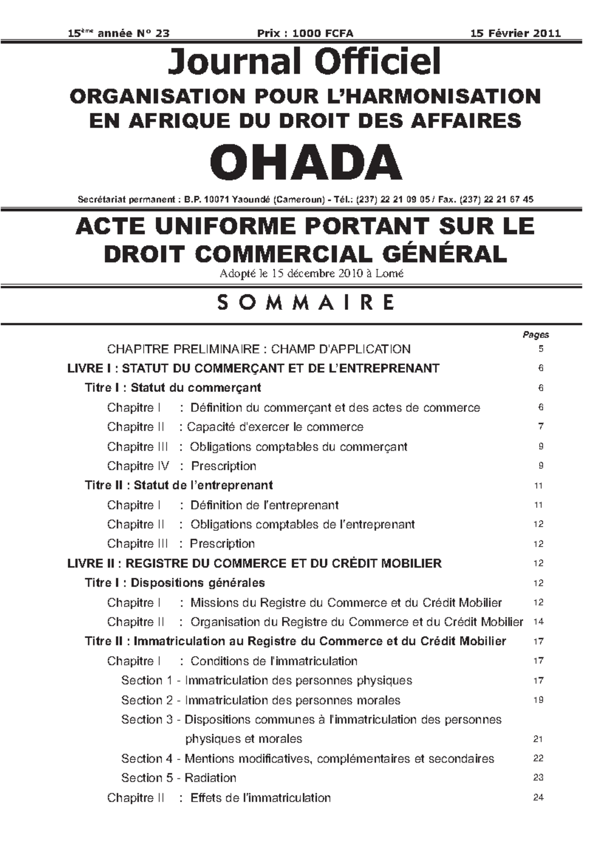 Acte Uniforme sur le Droit Commercial Général OHADA - 15 Déc 2010 - Studocu