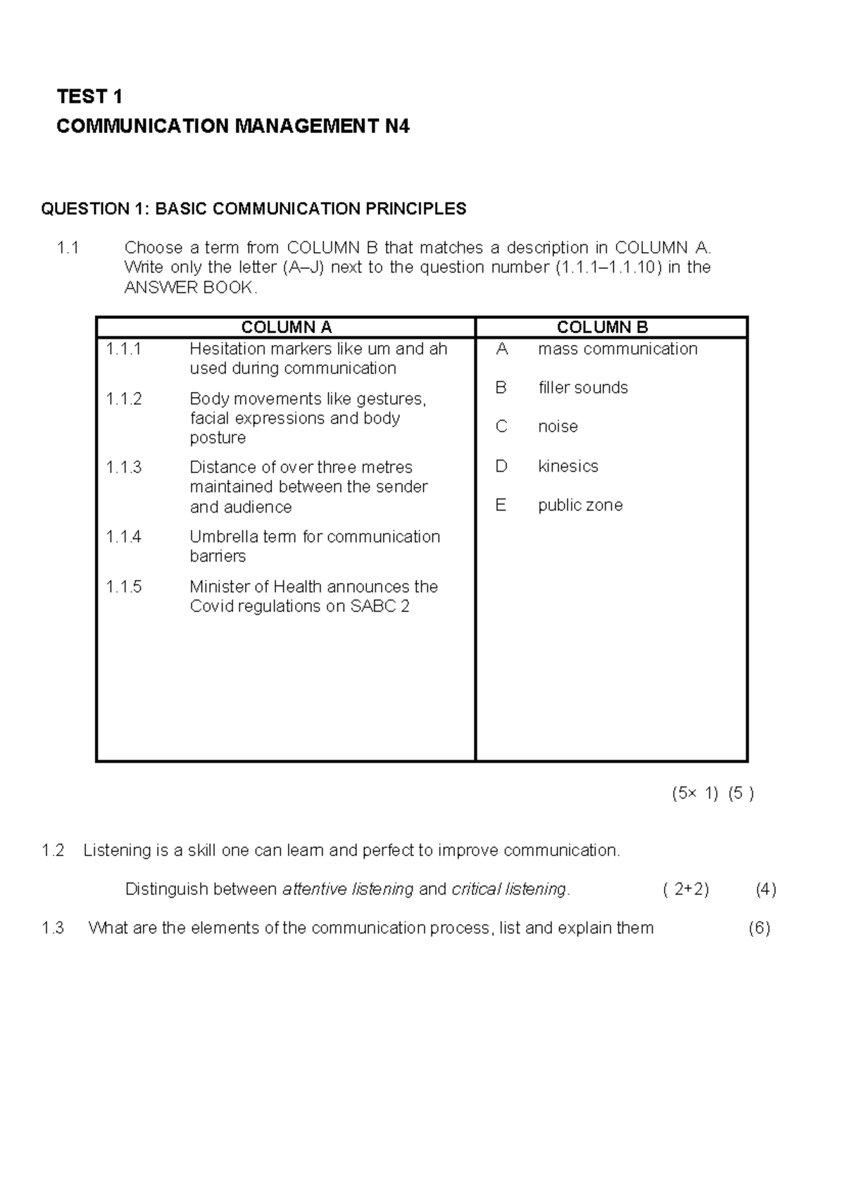 Comm & Mgmt N4 - Test 1: Basic Communication Principles - Studocu