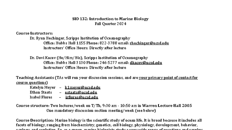 SIO 132: Intro to Marine Biology - Fall Quarter 2024 Course Overview ...