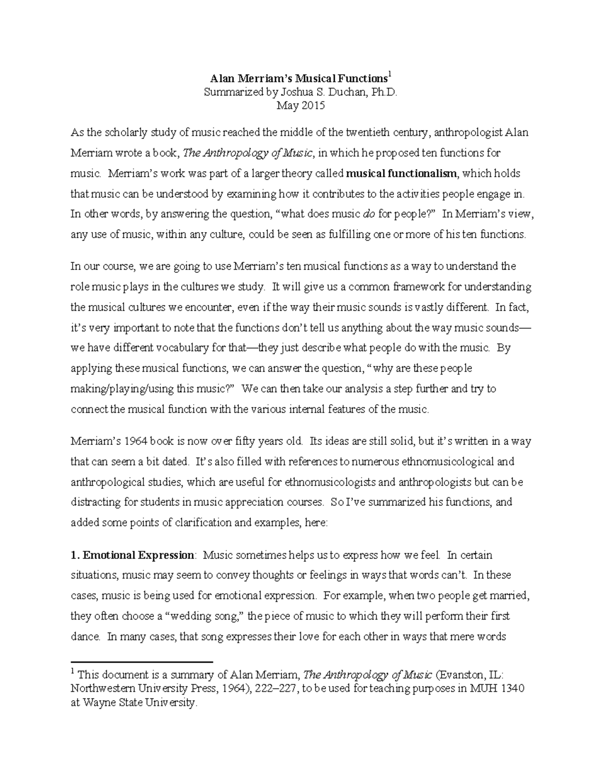 MUH 1340: Summary of Merriam's Musical Functions and Their Impacts ...