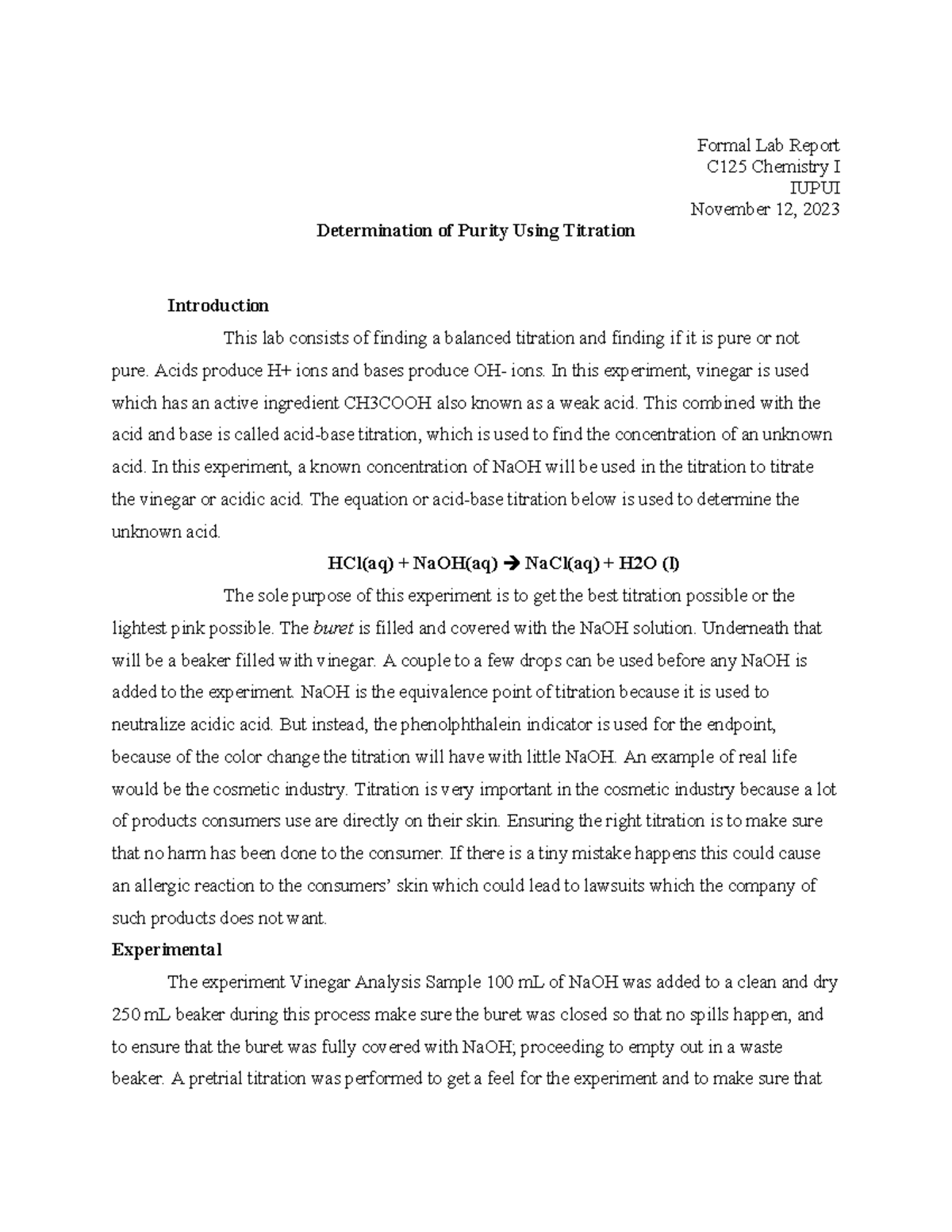 C125 Chemistry I Formal Lab Report: Titration of Acetic Acid in Vinegar ...