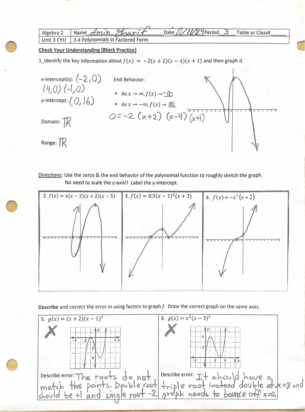 Algebra 2 - Unit 3: Polynomials in Factored Form Practice Notes - Studocu