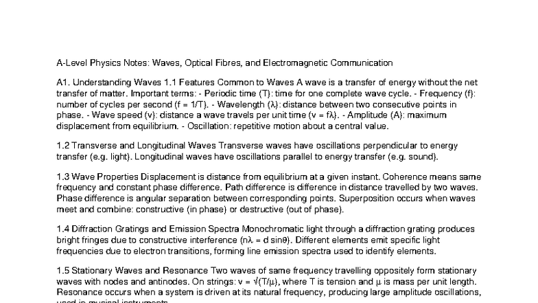 Alevel Physics Notes: Waves, Optical Fibres & EM Communication - Studocu