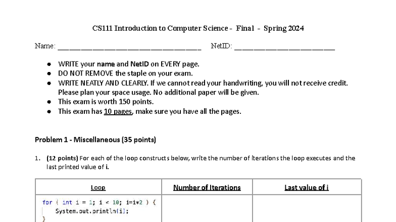 S24 CS111 Final Exam Review: Computer Science Concepts - Studocu